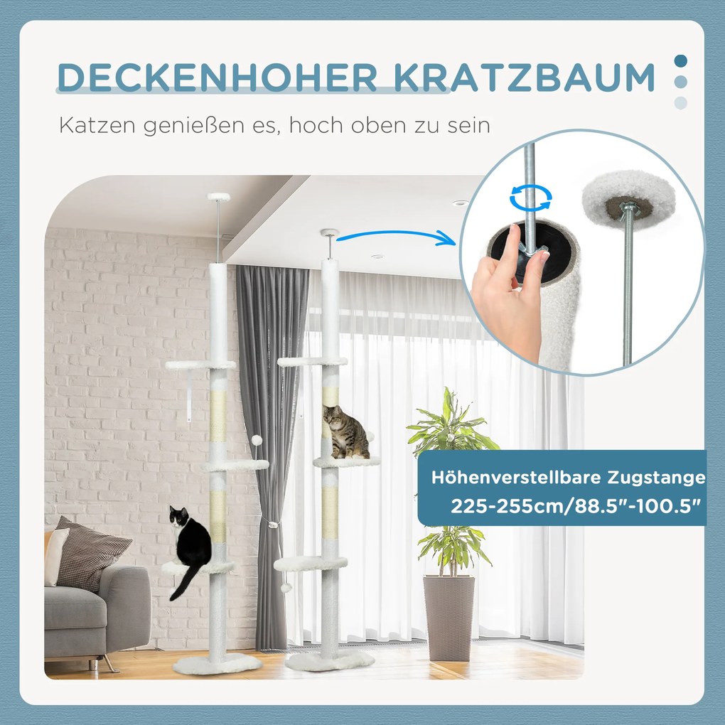 PawHut Vysoký stropní škrabací sloupek s antispínačem 225-255 cm výškově nastavitelný šplhací strom s míčem na hraní jutový provazový sloupek houpací…