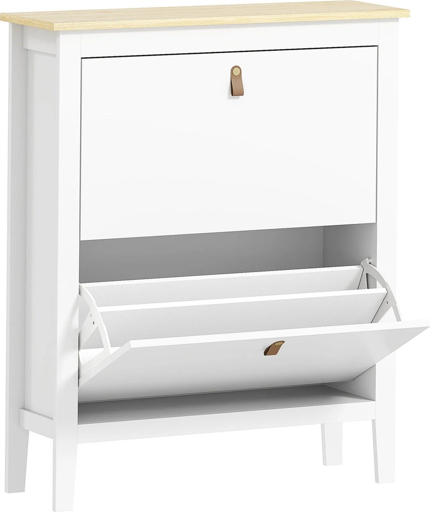 HOMCOM Úzký botník do předsíně s 2 skládacími zásuvkami, nastavitelnými policemi a PU úchopy pro 14 párů bot 80x24x95,5 cm Bílý