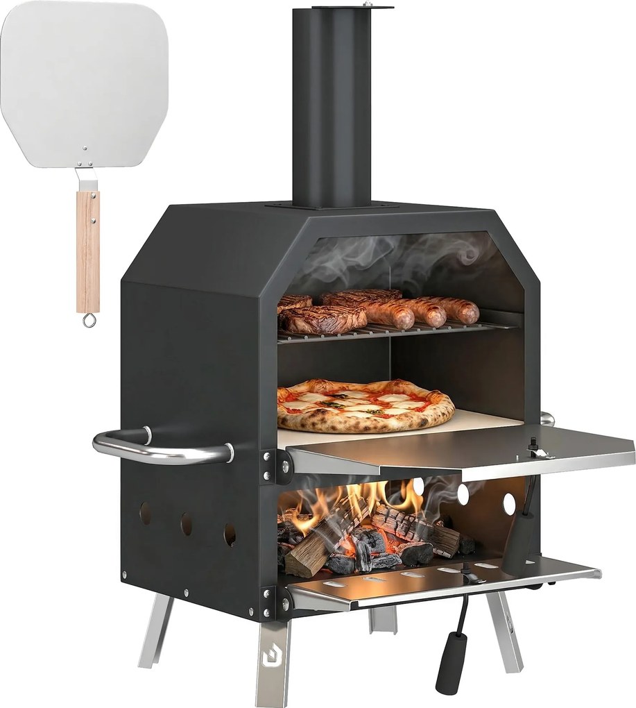 Outsunny venkovní pec na pizzu na dřevo, nerezová ocel, 2 úrovně s kamenem Ø 30,5 cm (tl. 1 cm), skládací nohy a lopatka – přenosná pro kempování, zah