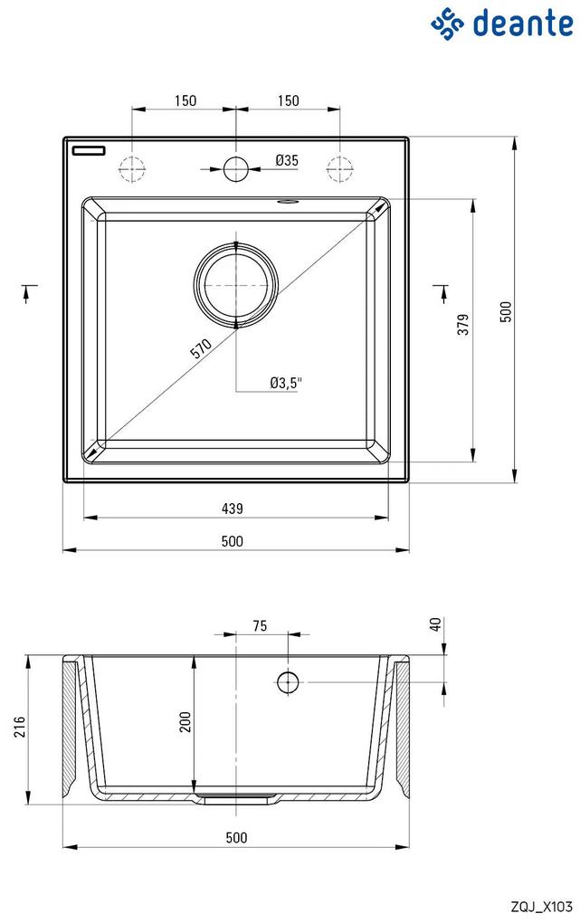 Deante Evora, 1-komorový granitový dřez 500x500x216 mm, antracitová metalíza, DEA-ZQJ_T103