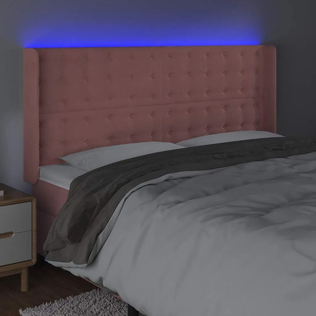 Čelo postele s LED růžové 163 x 16 x 118/128 cm samet 3124541