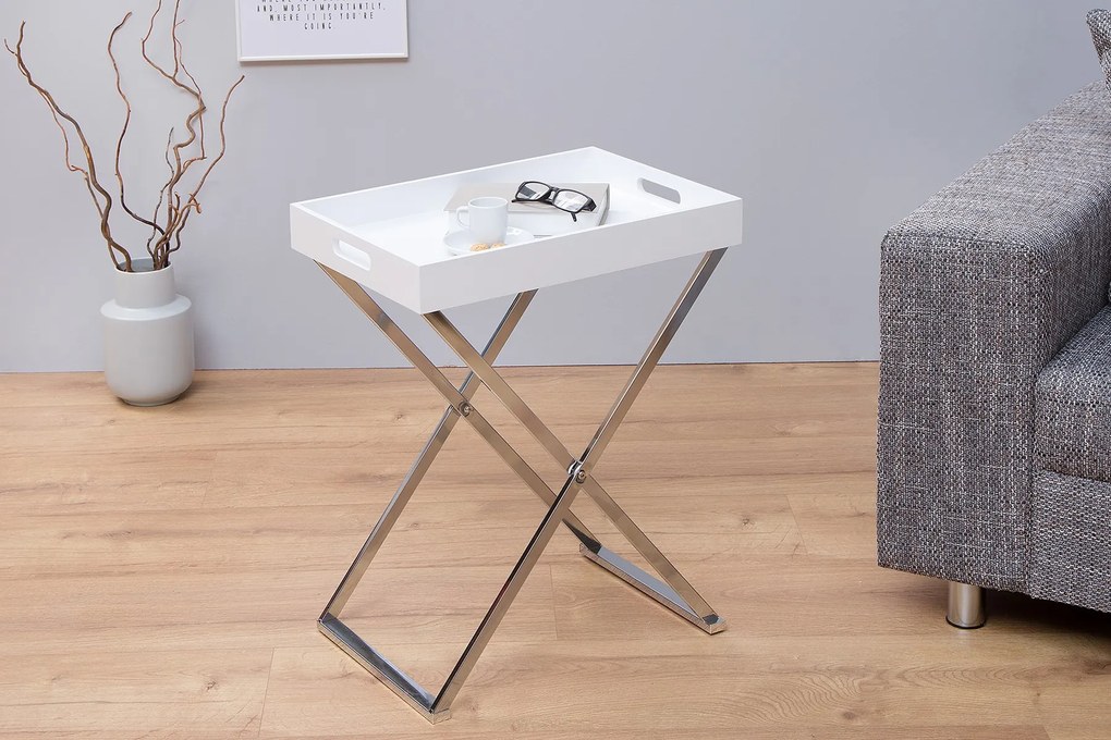 Bighome - Příruční stolek VALIENTA – bílá, stříbrná