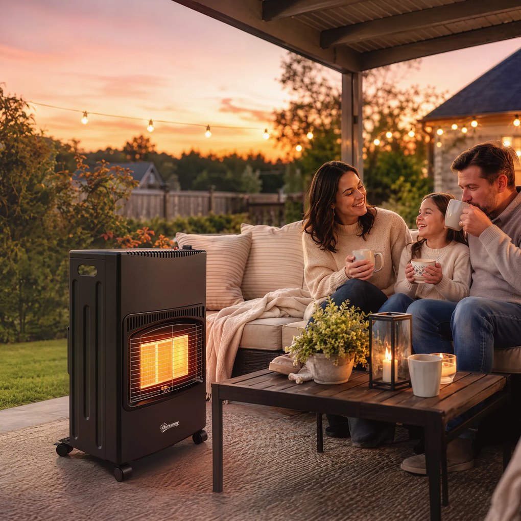 Outsunny Plynový topič venkovní 1,5-4,2 kW sklopný terasový topič s kolečky, ochranným krytem, 3 výkonnostními stupni, hadicí