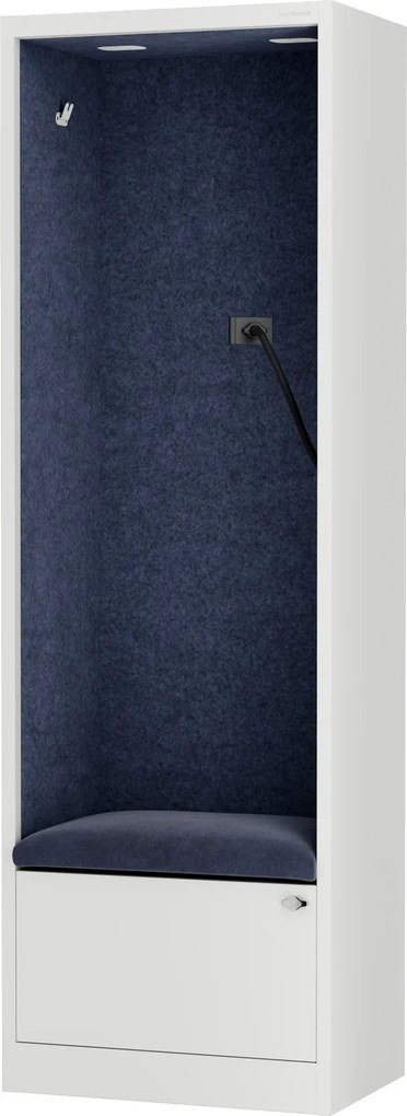 Kancelářská akustická kabina se sedátkem a USB-C portem, korpus bílý / sedák námořnická modrá, 600 mm: SALLY MentalBox