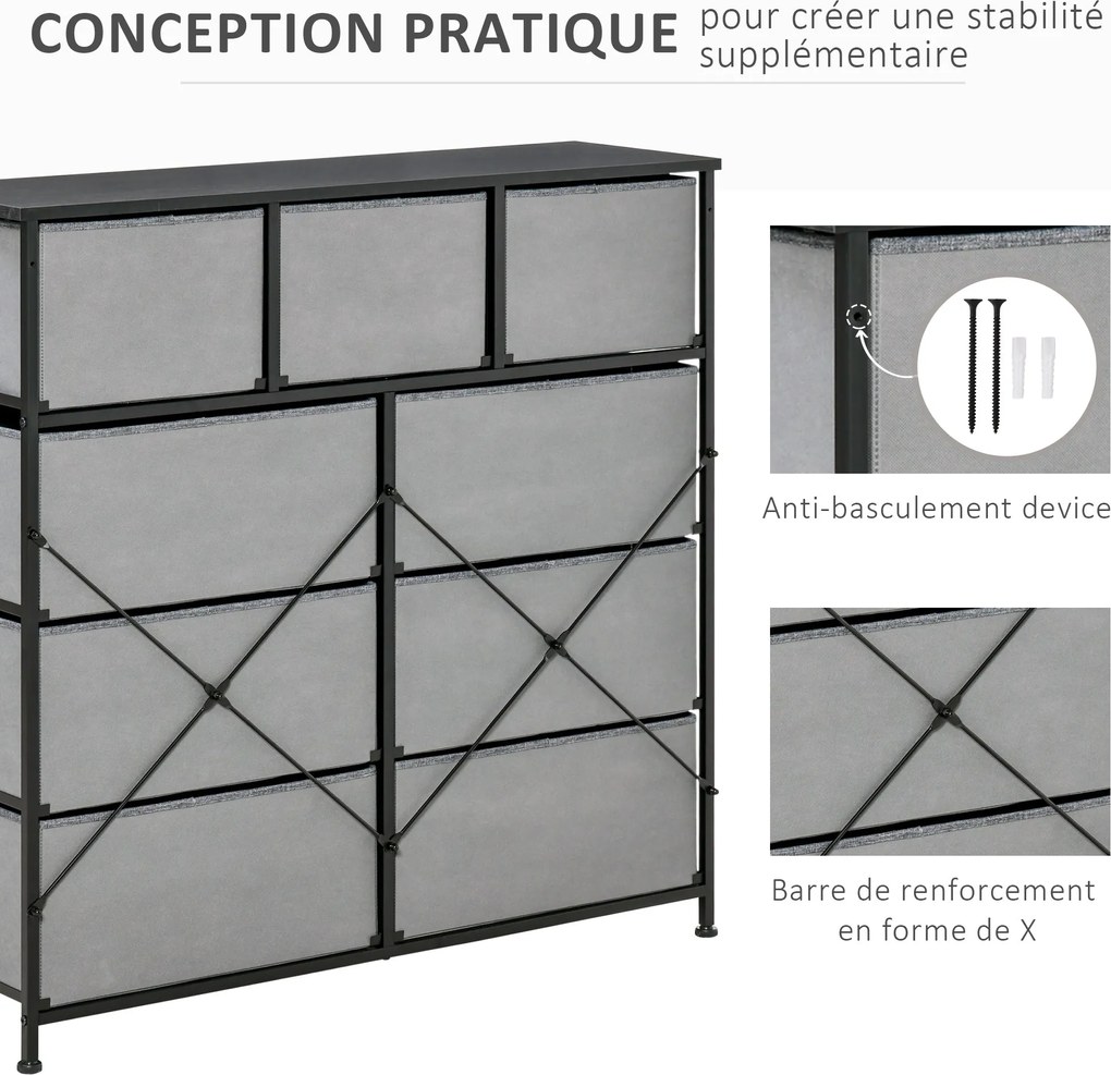 HOMCOM Úložný Organizační Šuplíkový Výsuvník se 9 přihrádkami - Černý Ocelový Rám - 100 x 30 x 100 cm, Ložnice, Vstupní Prostor, Obývací Pokoj, Černá