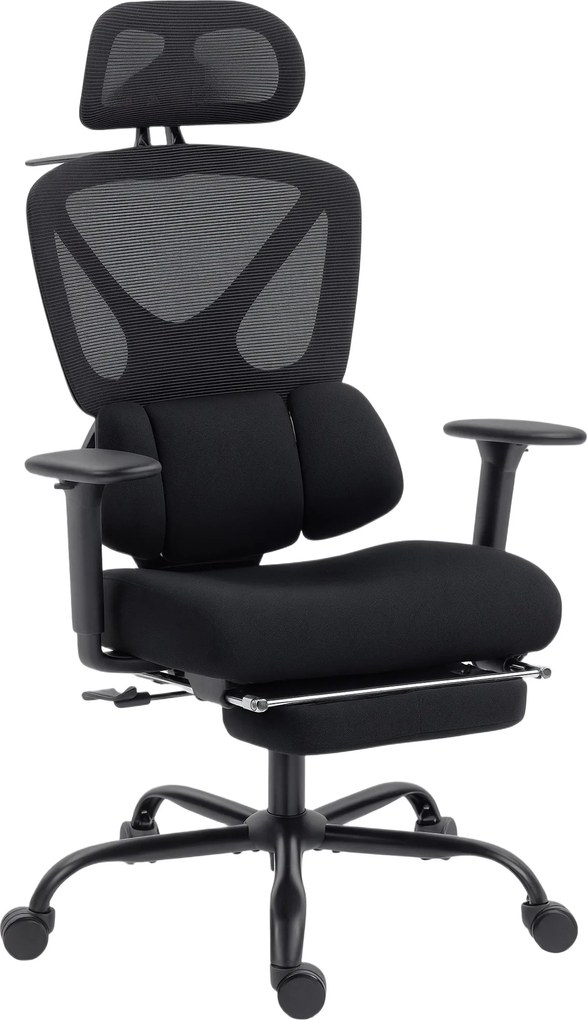 HOMCOM Ergonomická kancelářská židle s kolečky, síťovinou, bederní opěrkou, počítačová židle s područími, nastavitelnou opěrkou hlavy