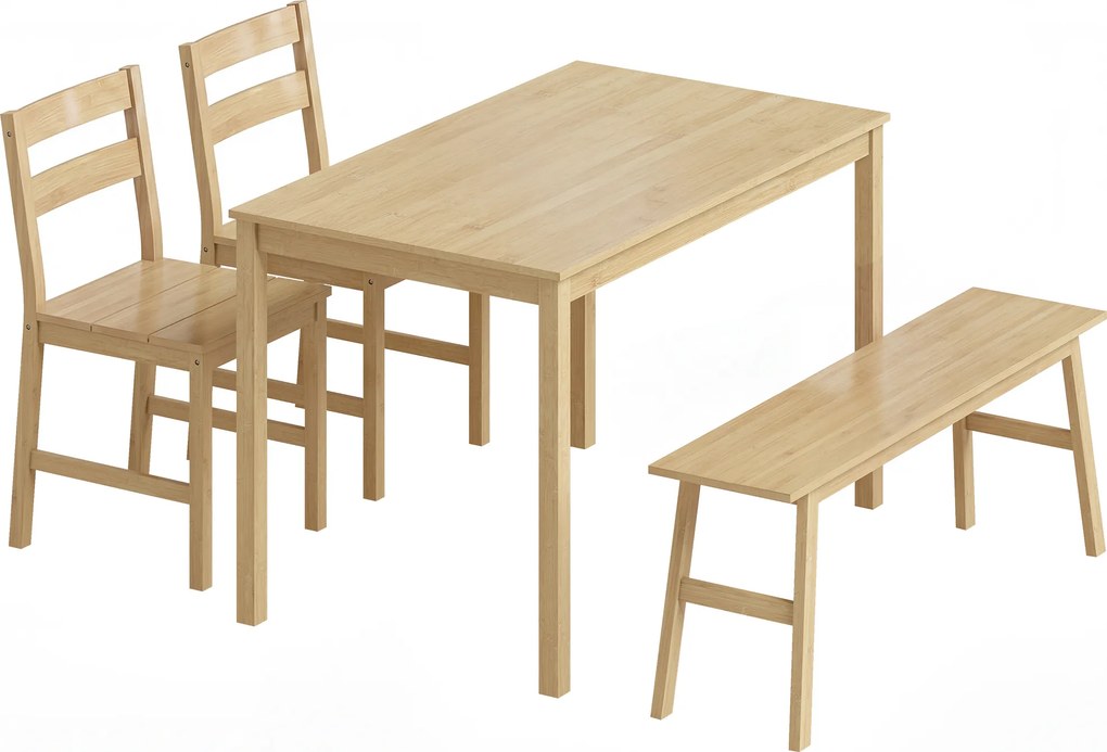 HOMCOM Bambusový jídelní set, jídelní stůl se 2 židlemi a lavicí pro 4 osoby, přírodní dřevo