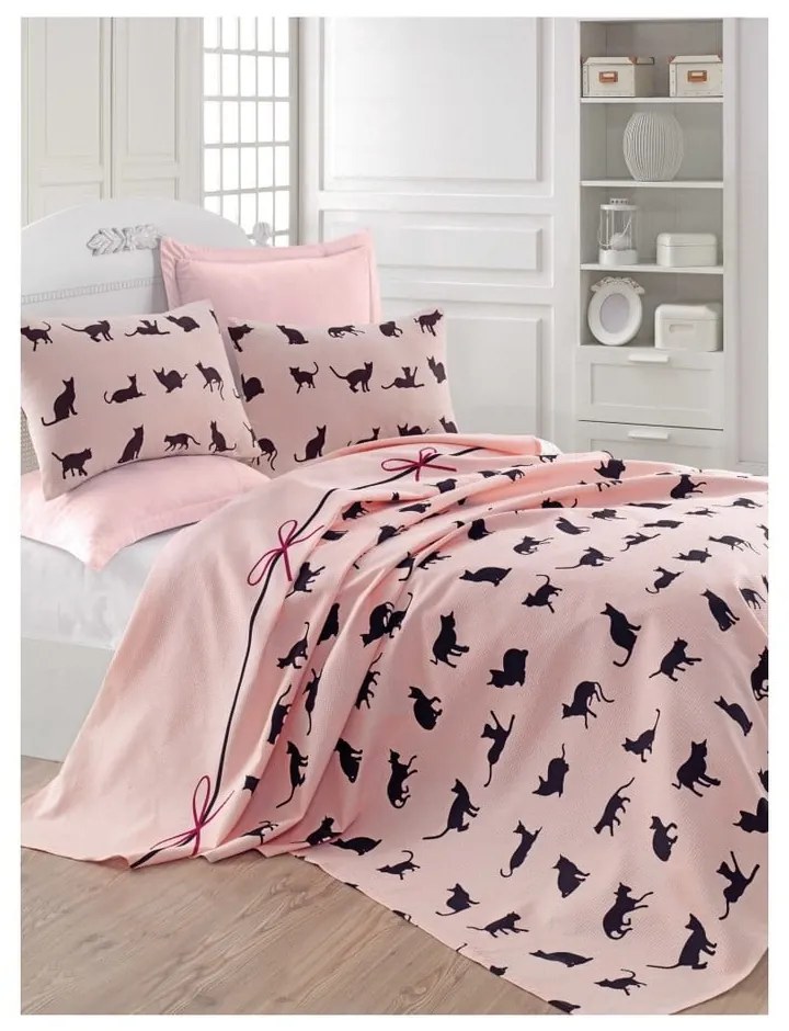 Růžový přehoz přes postel Eponj Home Cats, 160 x 230 cm