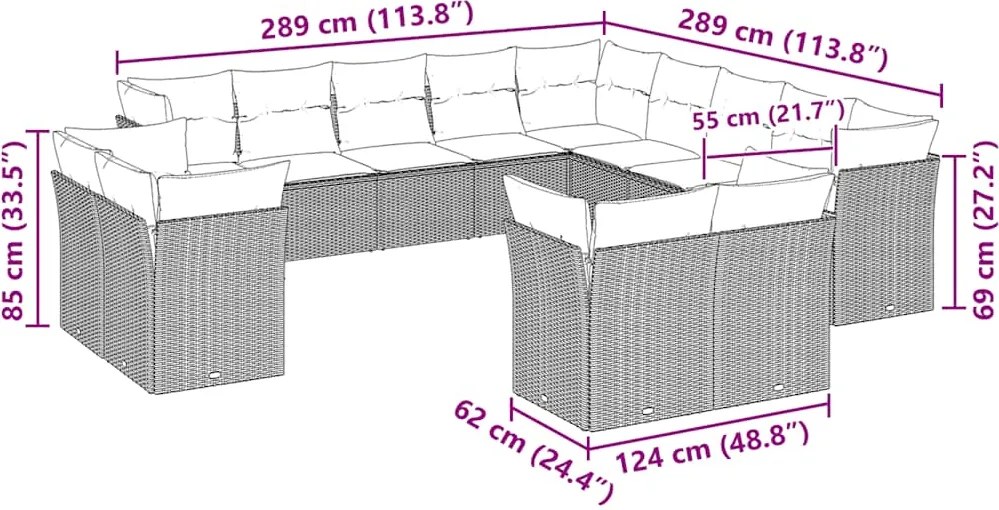 13dílná zahradní sedací souprava podušky světle šedá polyratan 3250391
