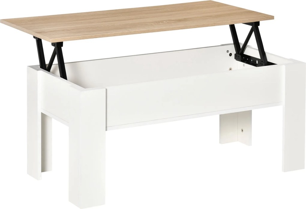 HomCom Zvedací Konferenční Stolek s Skrytým Úložným Prostorem 100x50x45-58.5 cm Bílý a Přírodní
