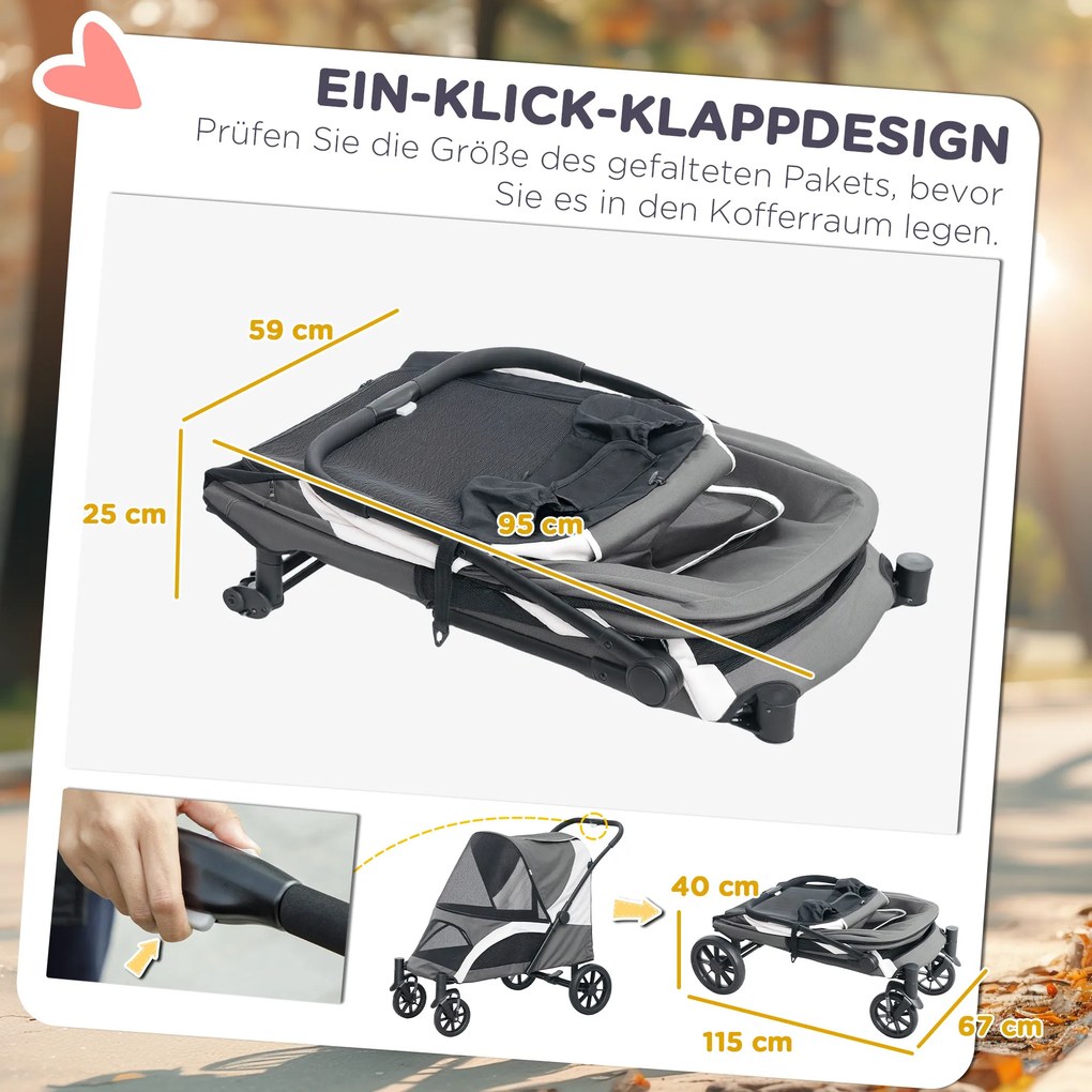 PawHut Kočárek pro psy, skládací kočárek pro velké psy, kočárek pro domácí mazlíčky se 4 koly, bezpečnostní vodítka, brzdy, tmavě šedý