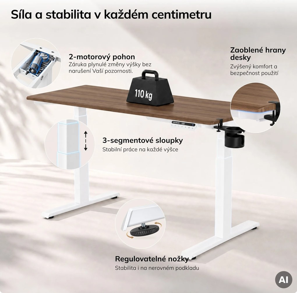 Elektrický stůl s nastavitelnou výškou ergonomický bílý/ořech,1600x800 mm: ARIA