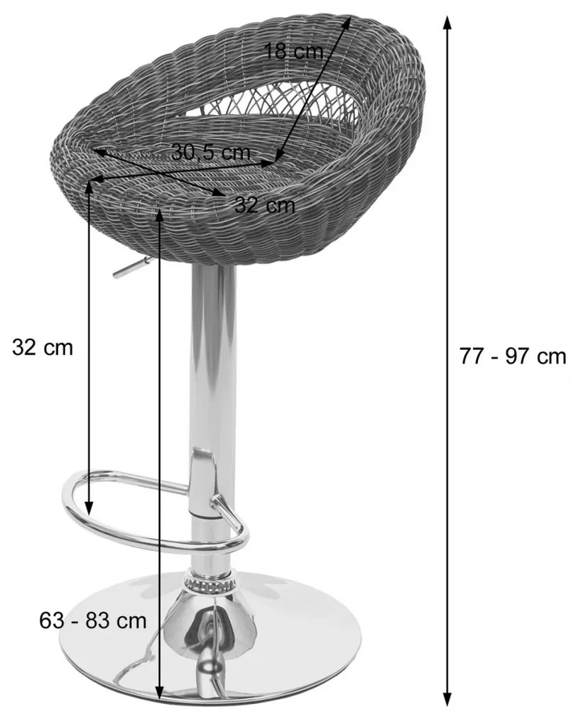 2x Barová židle HWC-G26, polyratan/chrom - hnědá