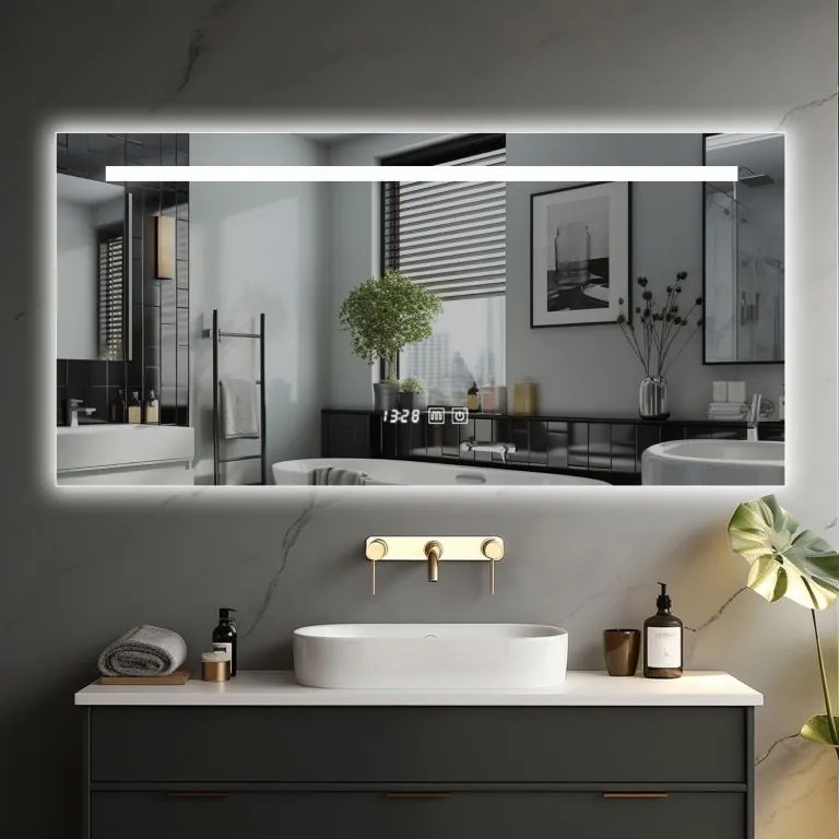 LED zrcadlo 90 × 70 cm s horním světlem a odmlžováním