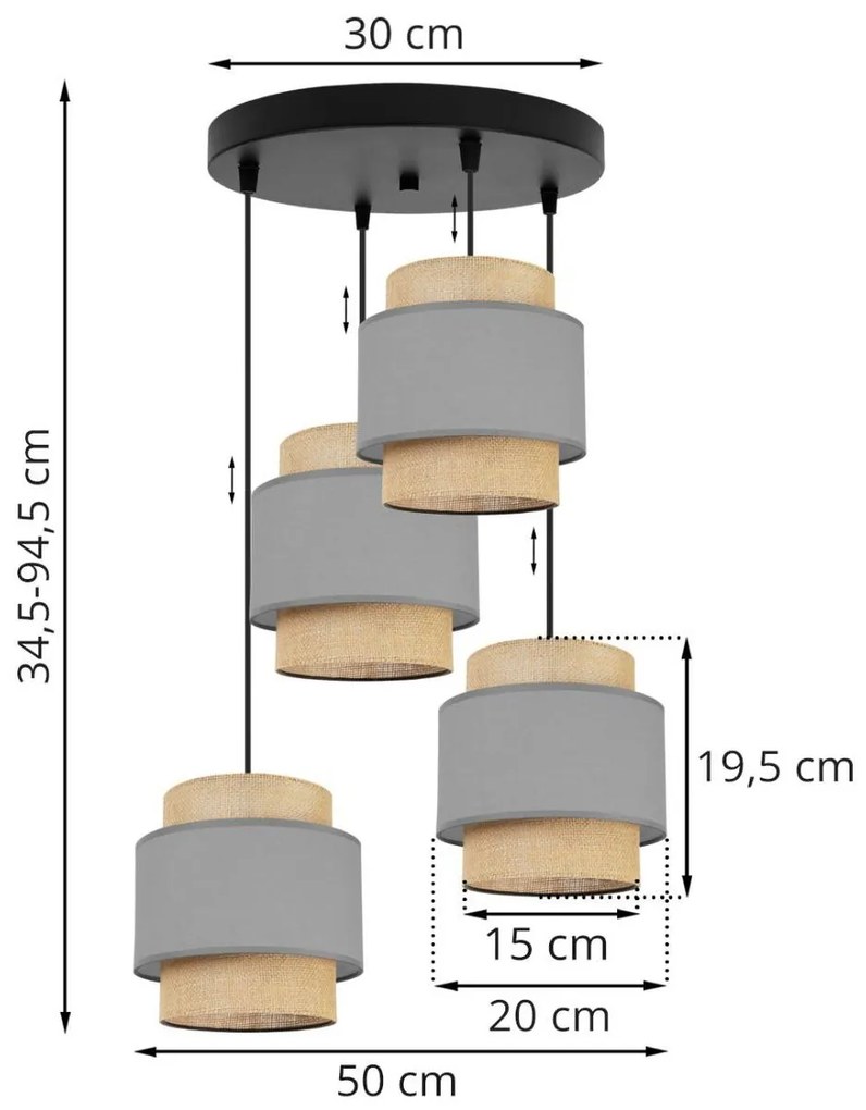 Závěsné svítidlo Boho 1, 4x jutové/šedé textilní stínítko, o