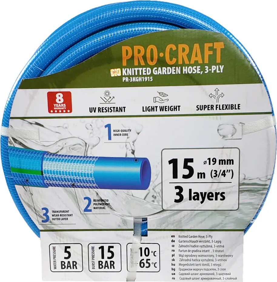 Procraft PR-3KGH1915 - modrá zahradní hadice, 3 vrstvy, 3/4", 15m