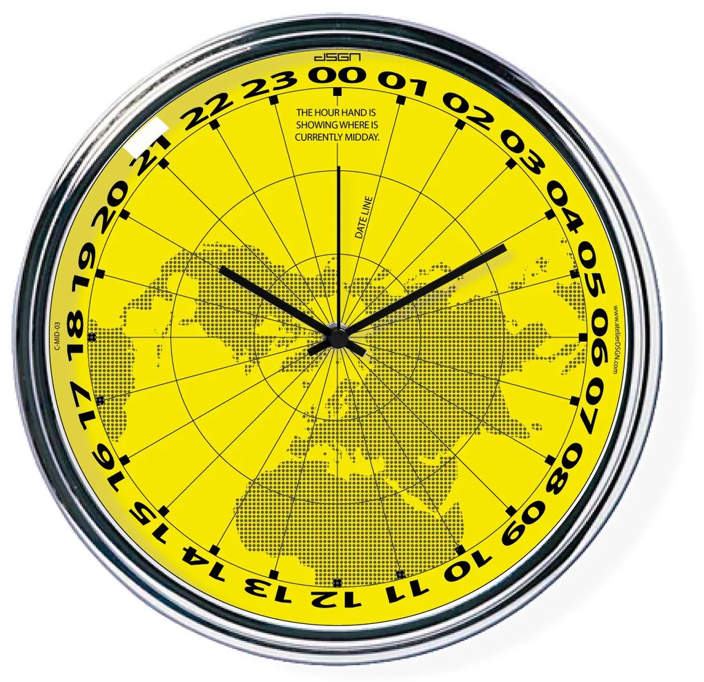 Žluté hodiny s chodem 24h ukazující na mapě, kde je právě poledne (32 cm) | atelierDSGN