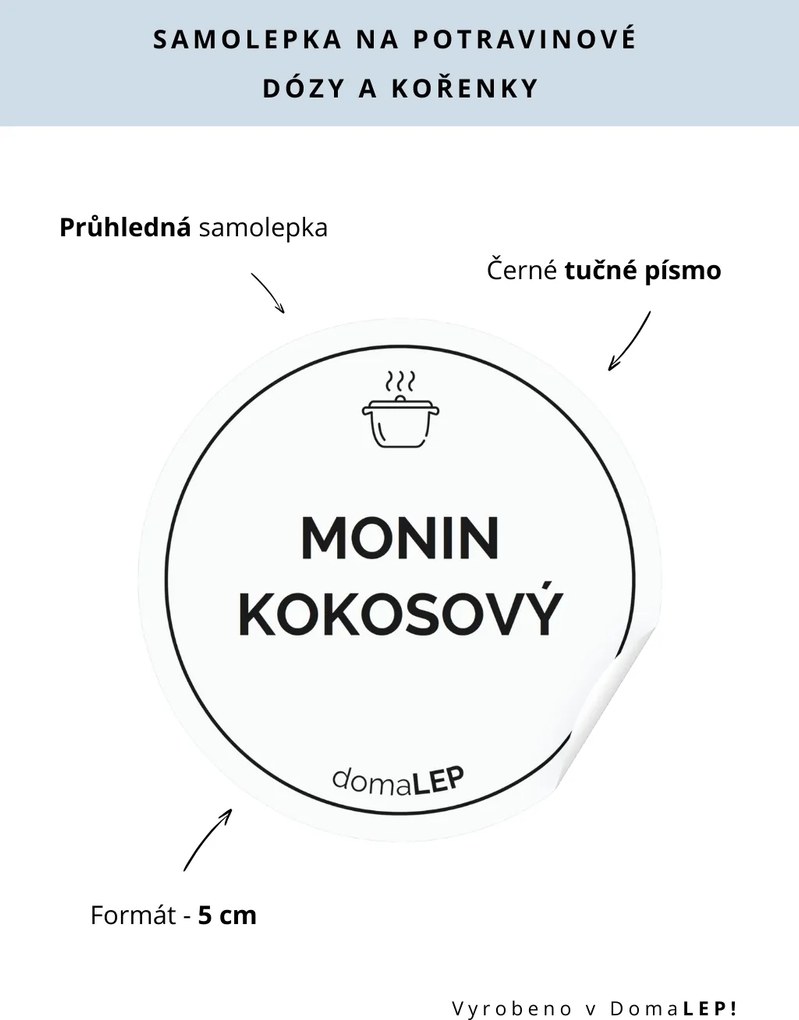 Samolepka na láhev MONIN KOKOSOVÝ průměr 5 cm – průhledná vinylová, voděodolná, omyvatelná samolepka na dózy, tučné písmo