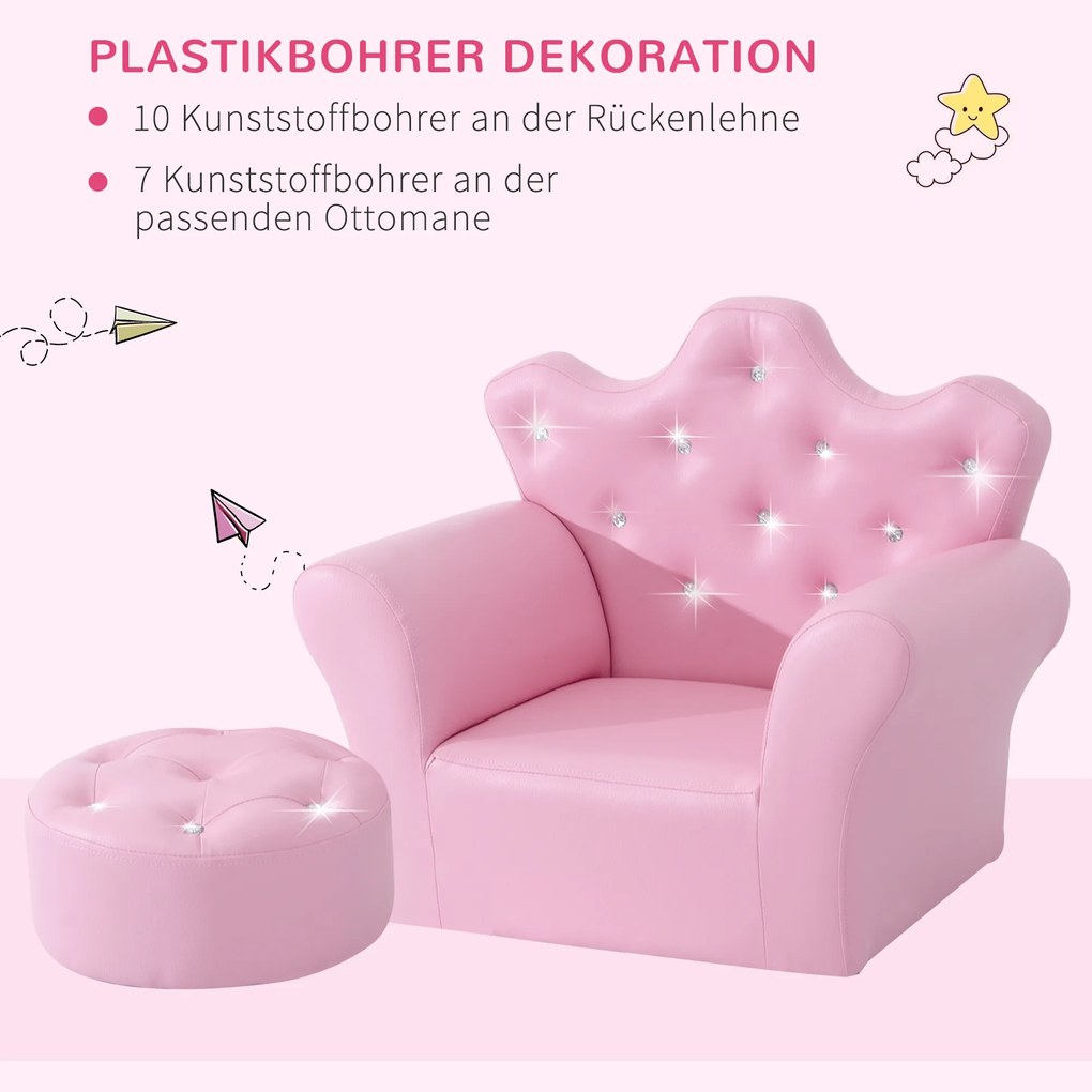 HOMCOM dívčí křeslo měkká pohovka s křišťálovými knoflíky taburet růžový útulný pro děti od 3 let 58x40,5x49cm