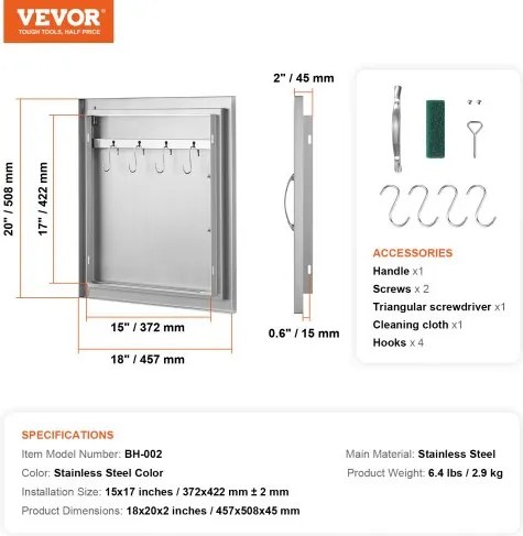 BBQ přístupová dvířka, 457 × 508 mm, jednoduchá venkovní kuchyňská dvířka