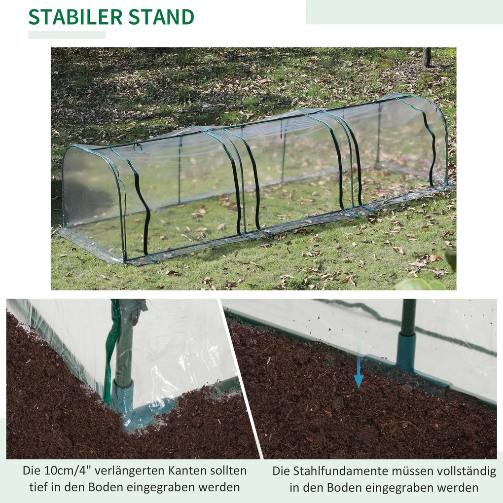 Fóliový skleník Outsunny Skleník s dveřmi 350 x 100 x 80 cm, průhledné PVC pro pěstování rostlin a chladicí rám, robustní ocelový rám, zelený