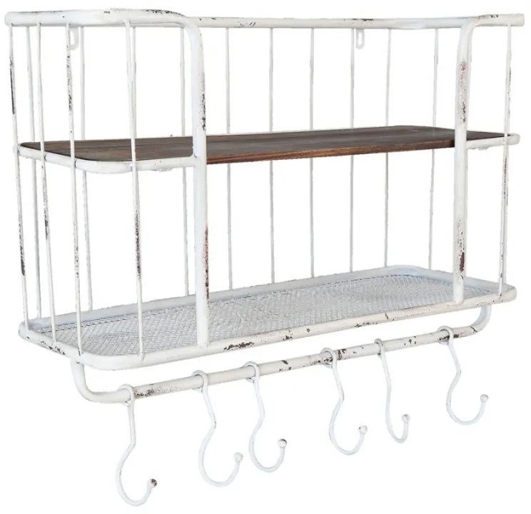 Bílá závěsná polička s háčky a patinou – 60x23x51 cm