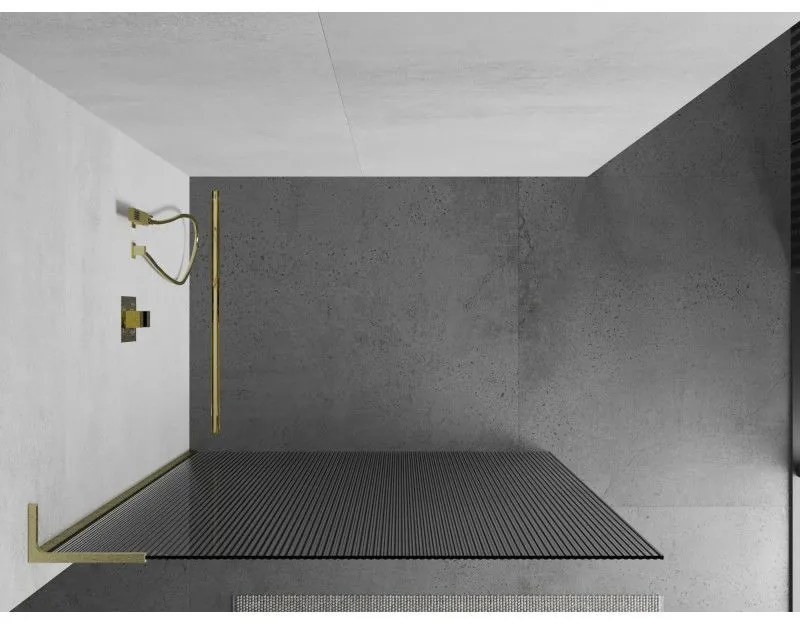 Mexen Kioto L, sprchová zástěna Walk-In 90 x 200 cm, 8mm sklo s žebrovým vzorem, zlatý matný profil, 800-090-103-55-09