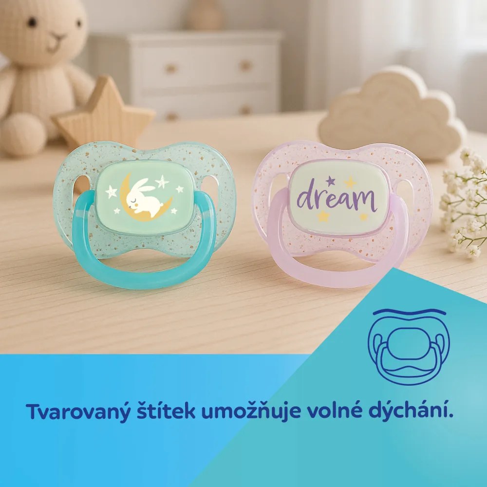 Canpol babies Dudlík svítící silikonový symetrický NIGHTGLOW 0-6m 2ks holka