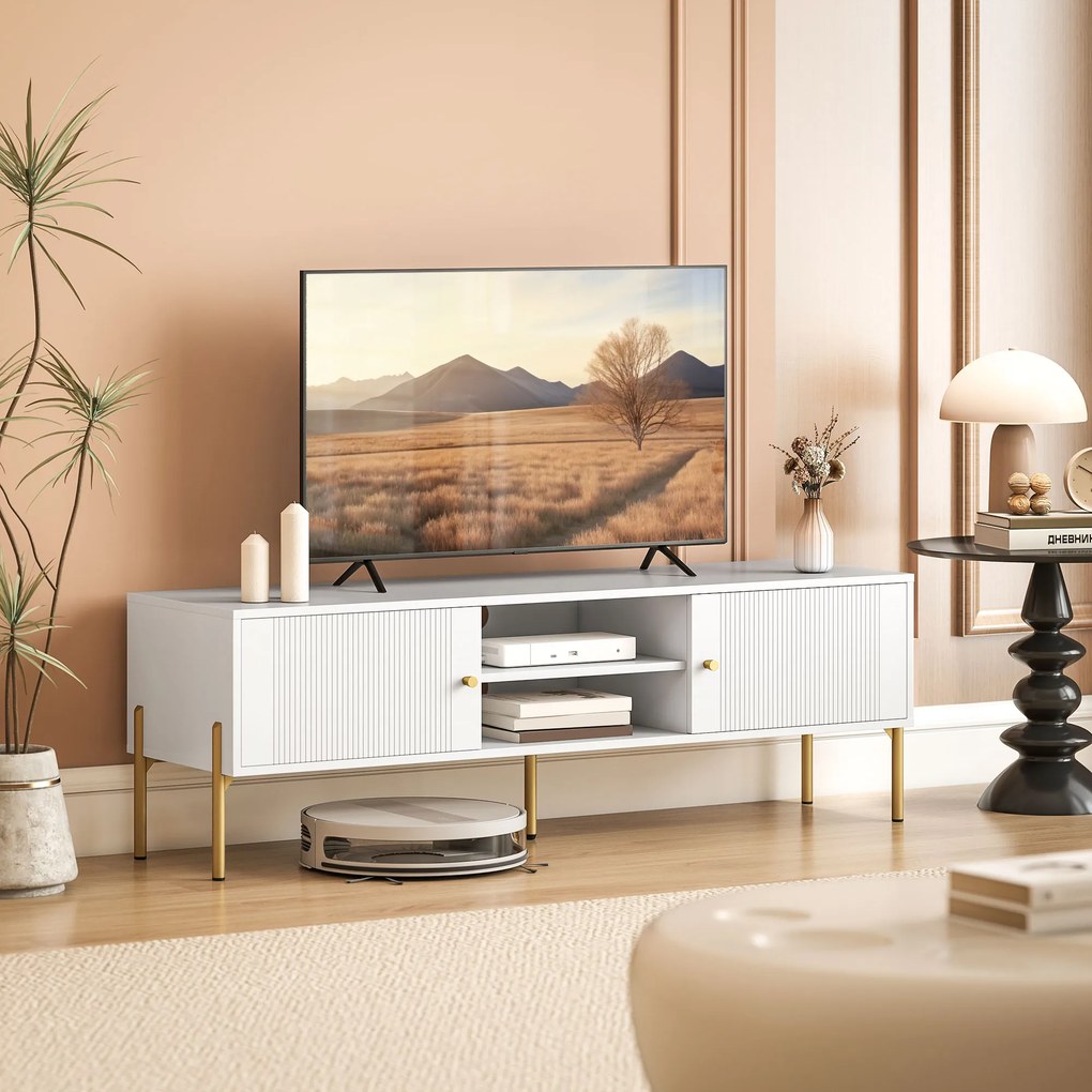 HOMCOM Moderní TV stolek – 2 dveře, 2 otevřené přihrádky, průchod pro kabely, pro TV až 65 palců, 140 x 38 x 45,9 cm, bílá