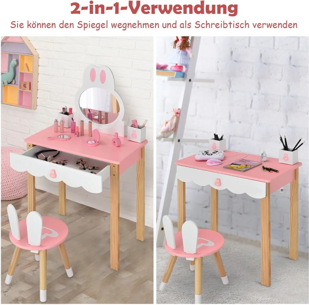 Costway Dětský toaletní stolek s taburetem Princess růžová + – 60 × 34 × 103 cm