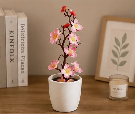 umělá květina, bonsai švestkového květu, plast, výška 28 cm, růžová, Dekorino UK20260002