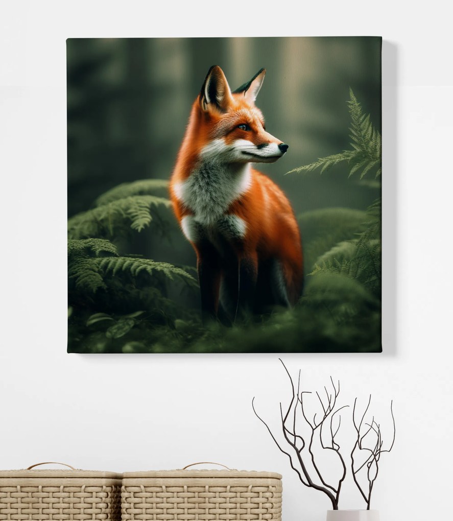Obraz na plátně - Liška na hlídce v stínu kapradiny FeelHappy.cz Velikost obrazu: 120 x 120 cm