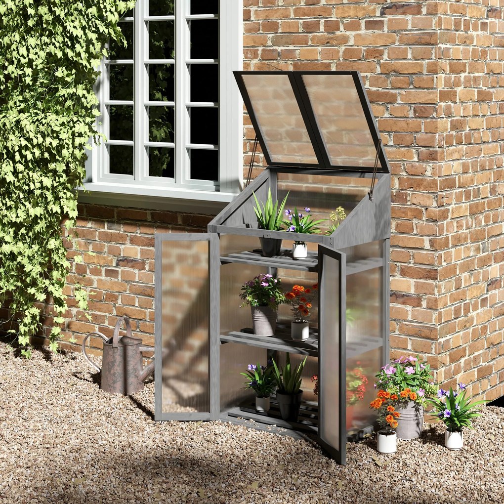 Outsunny Mini skleník, malý skleník s dřevěným rámem, okno a dvojité dveře, 3 police, 70L x 50B x 120V cm, šedý