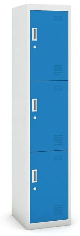 Šatní skříňka s úložnými boxy, trojdveřová, cylindrický zámek, 1800 x 380 x 450 mm, šedá/červená