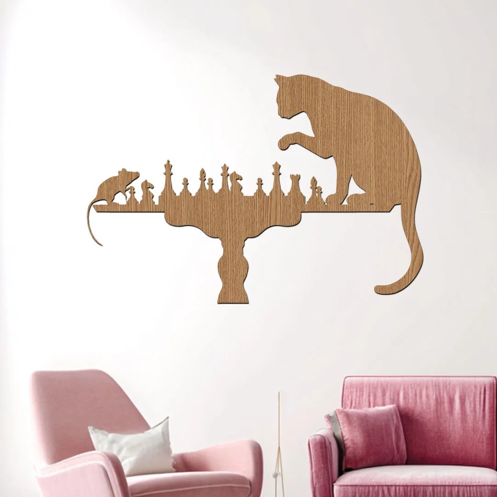dřevo života Dřevěný obraz Kočičí Šach Mat Zvolte rozměr (cm): 54x80, Zvolte barvu dekoru: Ořech