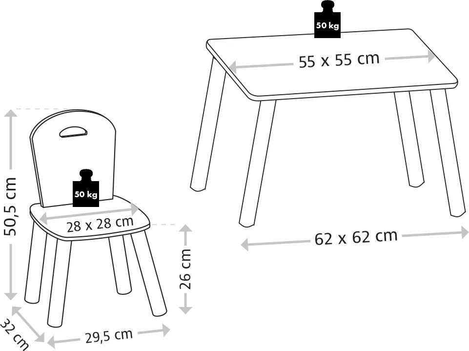 Dětský stolek se 2 židlemi, šedý