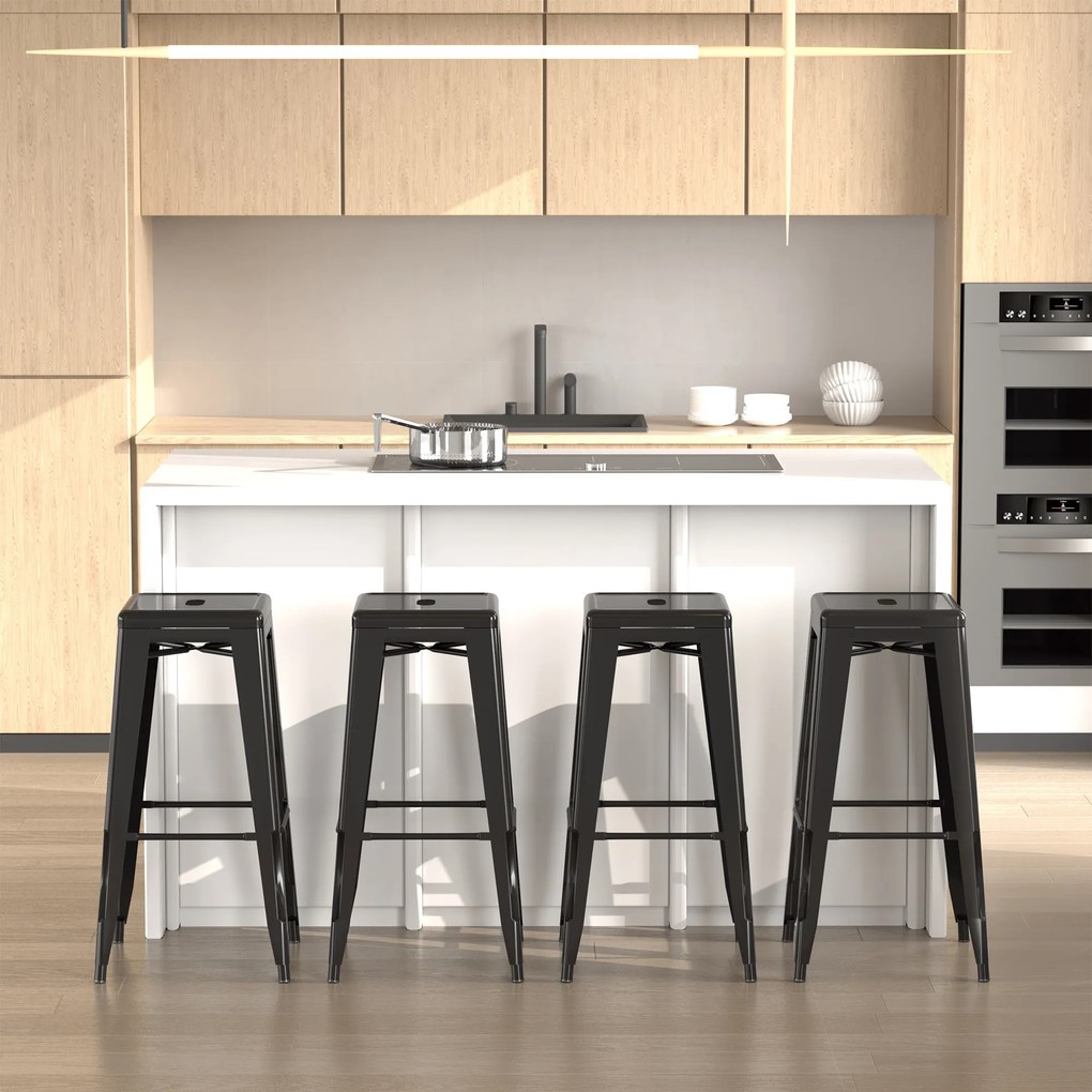 HOMCOM Set 4 stohovatelných barových židlí s opěrkou nohou, výška sedáku 76 cm, černý kov