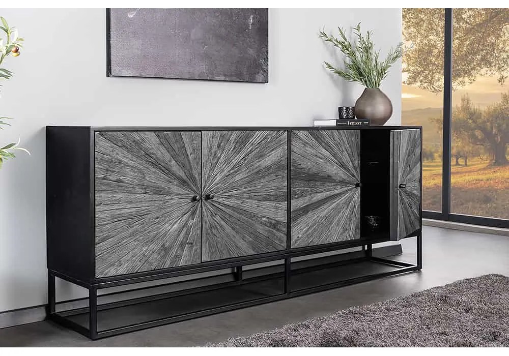 Massive home | Masivní příborník BARRACUDA 180cm černé mangové dřevo s teakovou šedou přední deskou