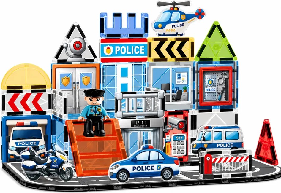 LEAN Toys Magnetické stavební kostky – Policejní základna, vozidla, policista, 44 dílů