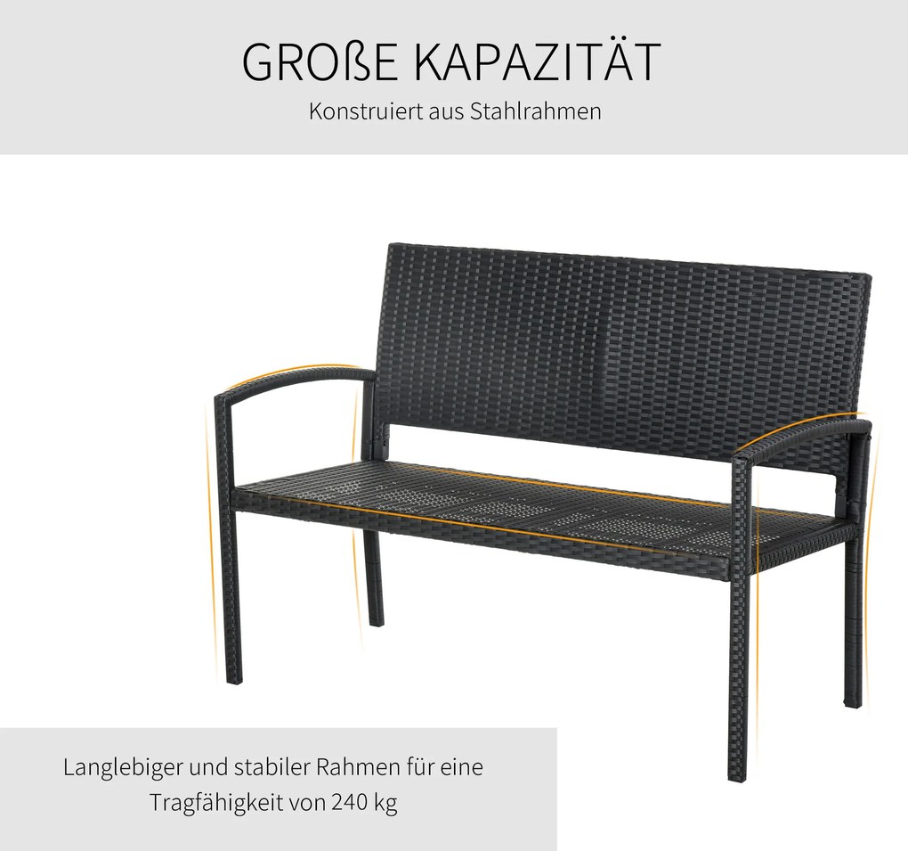 Outsunny polyratanová zahradní lavička 2místná lavička s ocelovým rámem a proutím černá Š122 x H60 x V87cm pro zahradu a terasu | Aosom.de