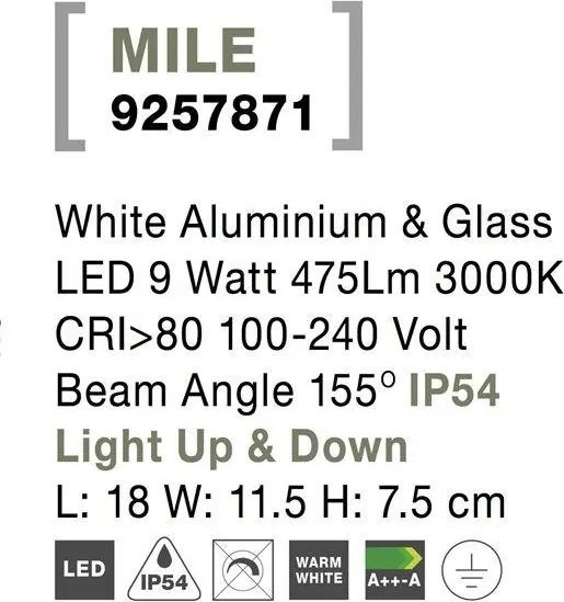 NV 9257871 Venkovní nástěnné svítidlo MILE bílý hliník a sklo LED 9W 3000K 100-240V 155st. IP54 světlo nahoru a dolů - NOVA LUCE