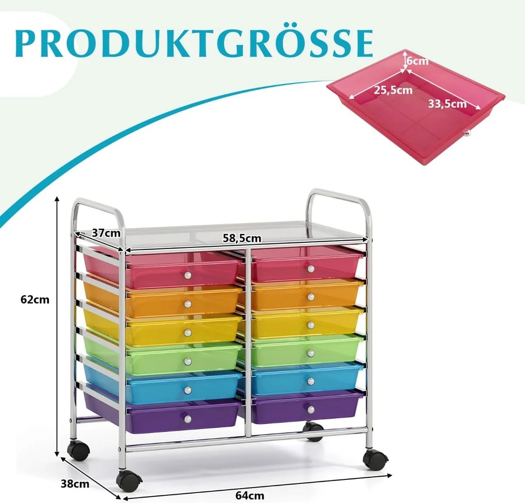 Costway Vozík s 12 stohovatelnými zásuvkami a amp; Úložná – průhledné barevné