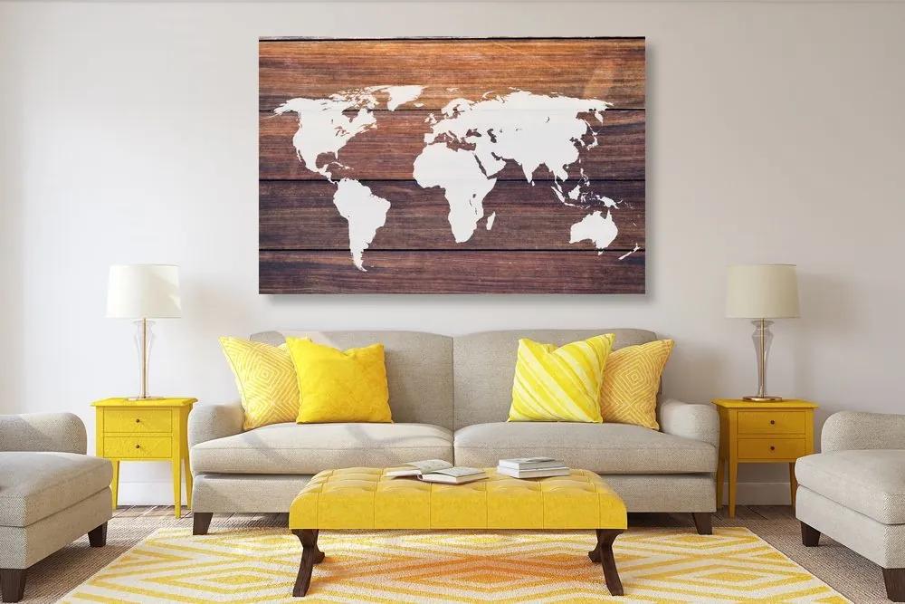 Obraz mapa světa s dřevěným pozadím - 90x60 cm
