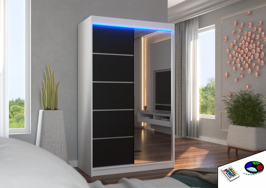 ADRK Furniture Posuvná skříň se zrcadlem a LED osvětlením NICEA 120