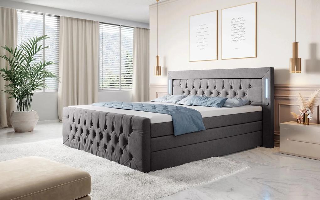 Boxspring postel QUEEN s úložným prostorem, LED a USB, samet Velikost postele: 120 × 200 cm, Barvy sametu: Šedý samet, Výběr matrace: Oboustranná…
