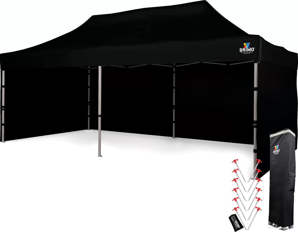 BRIMO Nůžkový párty stan 3x6 m hliníkový – Elegantní a rychle rozložitelný - s 3 stěnami - Černá P. Alu