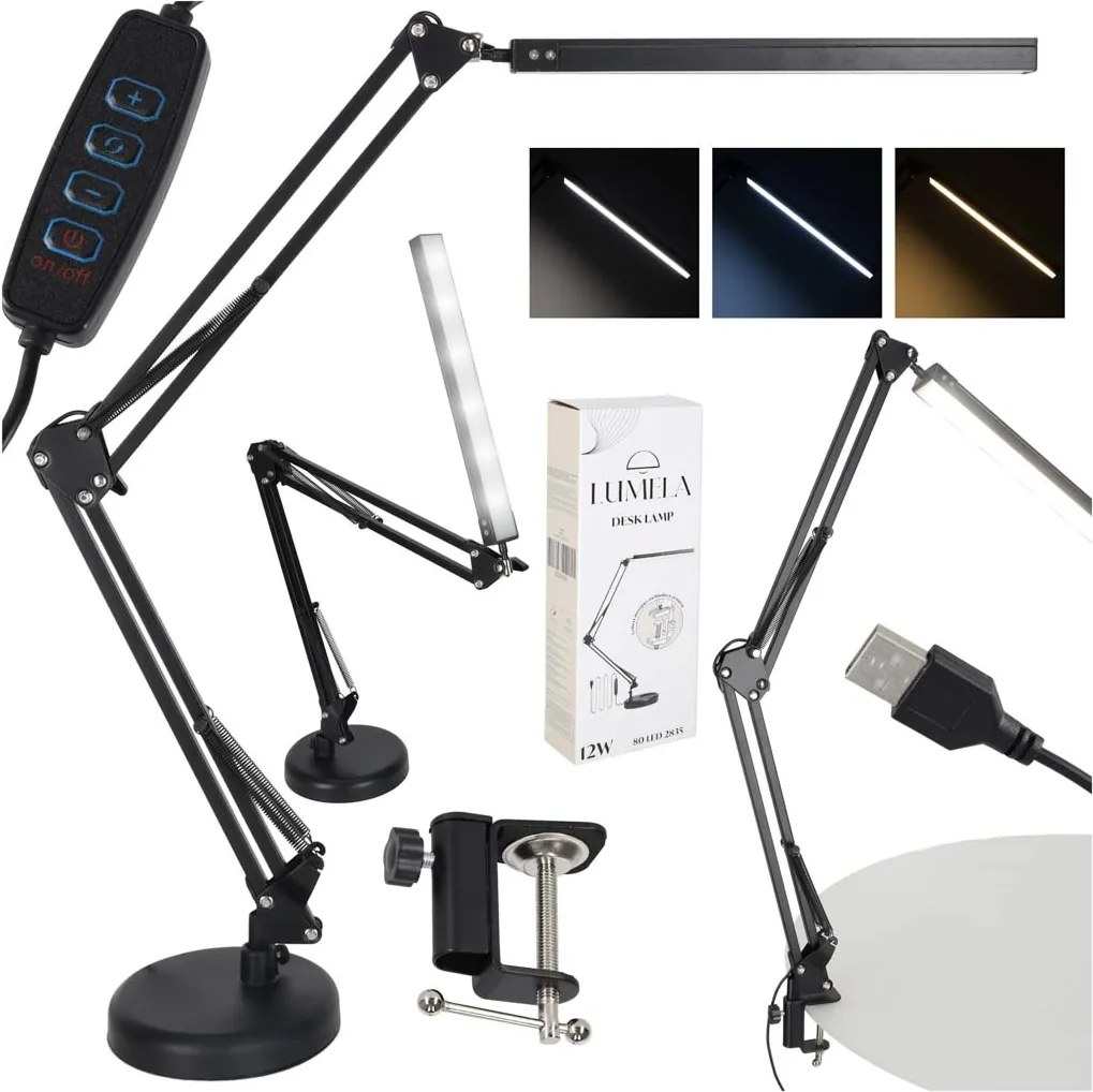 Creative Corner Stolní lampa LED Otočné rameno USB 2 způsoby upevnění