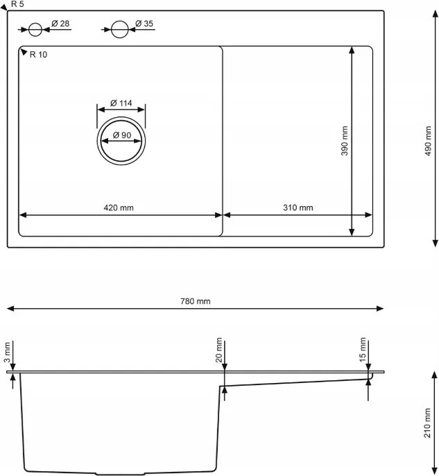 Erga HD, 1-komorový ocelový dřez 780x490x210 mm, levý, grafitová, ERG-MLS-HD7849LB