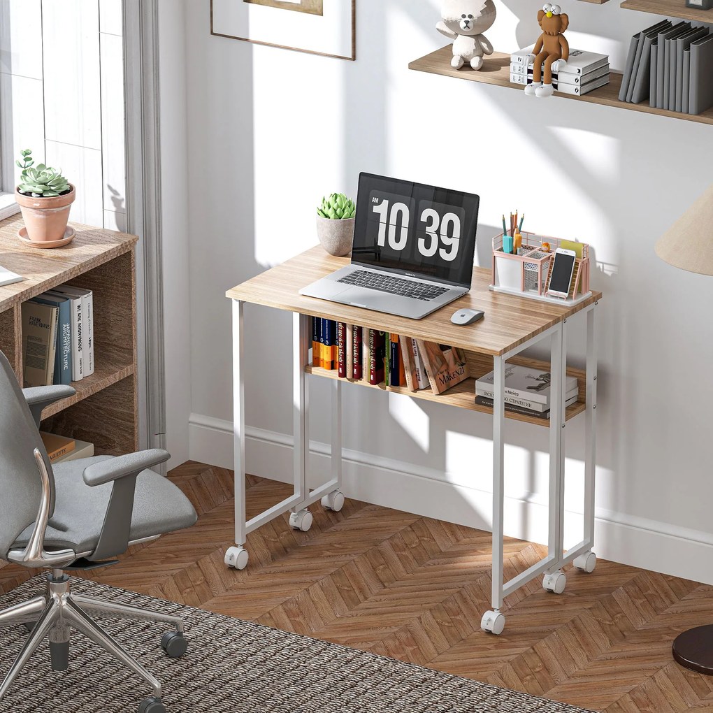 Skládací stůl HOMCOM s kolečky a policí - Kompaktní stůl s úložným prostorem pro notebook do malých prostor - 80x50x75 cm - Přírodní