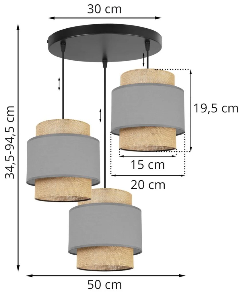 Závěsné svítidlo Boho, 3x jutové/šedé textilní stínítko, o